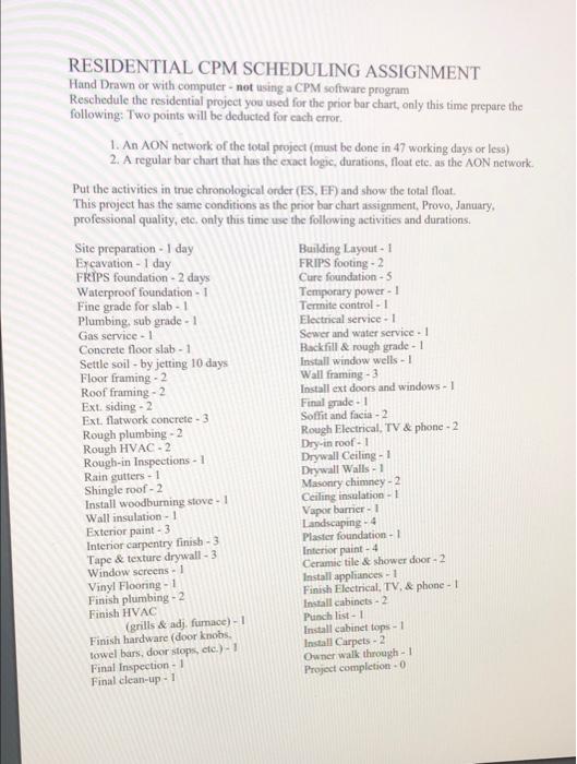 Solved RESIDENTIAL CPM SCHEDULING ASSIGNMENT Hand Drawn or | Chegg.com