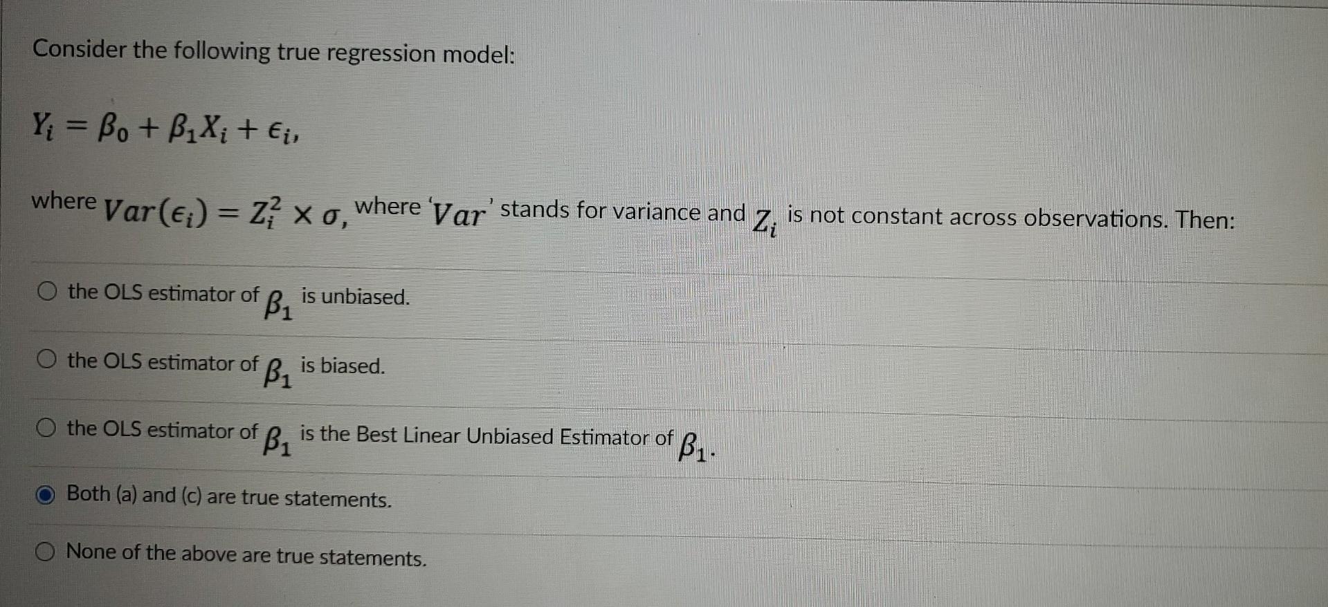 Solved Consider the following true regression model: Y; = Bo | Chegg.com
