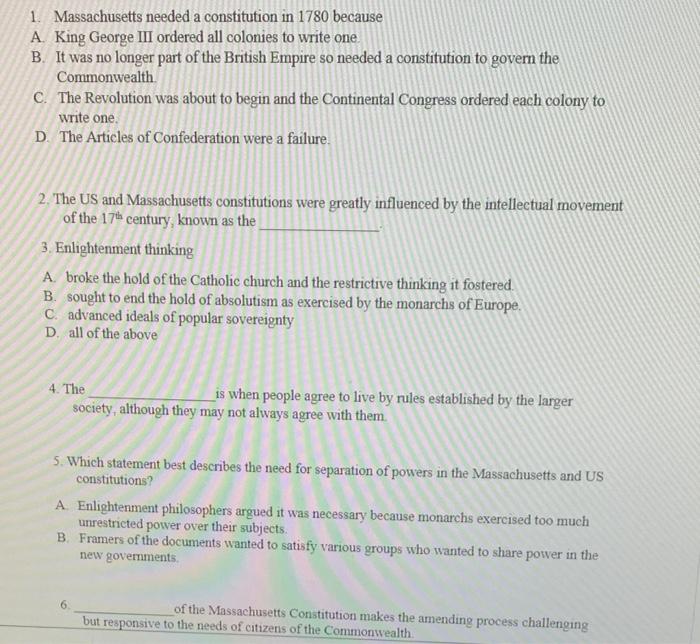 1. Massachusetts needed a constitution in 1780 | Chegg.com