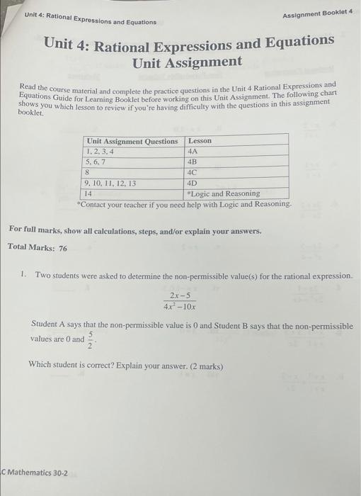 Solved Unit 4: Rational Expressions and Equations Assignment | Chegg.com