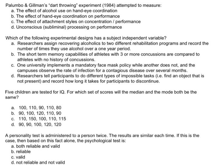 Solved Palumbo \& Gillman's "dart throwing" experiment | Chegg.com