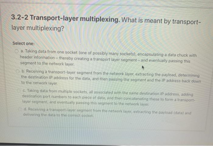 Solved 3.2-2 Transport-layer multiplexing. What is meant by | Chegg.com