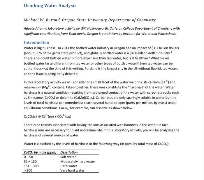 Solved Drinking Water Analysis Michael W. Burand, Oregon | Chegg.com