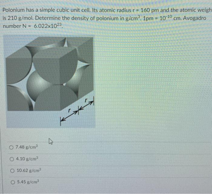 Solved Polonium has a simple cubic unit cell. Its atomic | Chegg.com