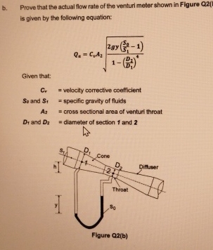 Solved b. ﻿Prove that the actual flow rate of the venturi | Chegg.com