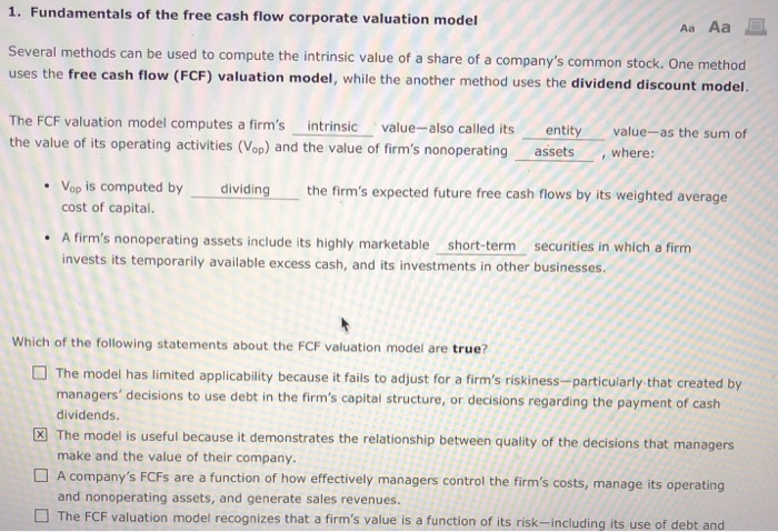 1. Fundamentals of the free cash flow corporate | Chegg.com