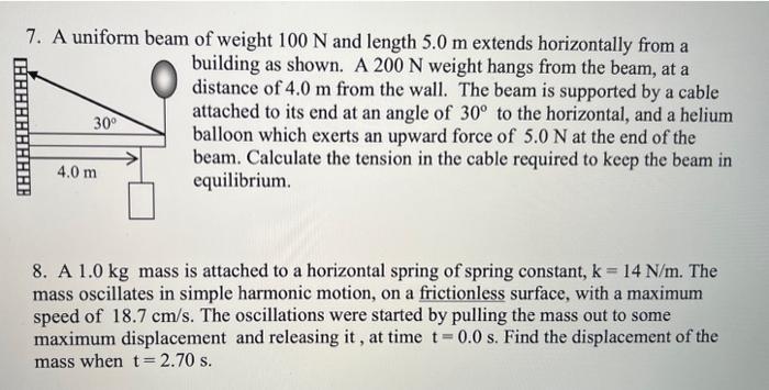 Solved 7. A uniform beam of weight 100 N and length 5.0 m | Chegg.com