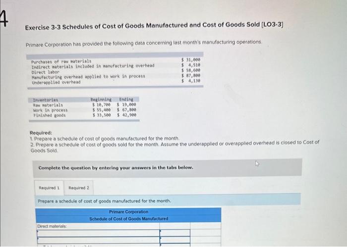 Solved Exercise 3-3 Schedules of Cost of Goods Manufactured | Chegg.com