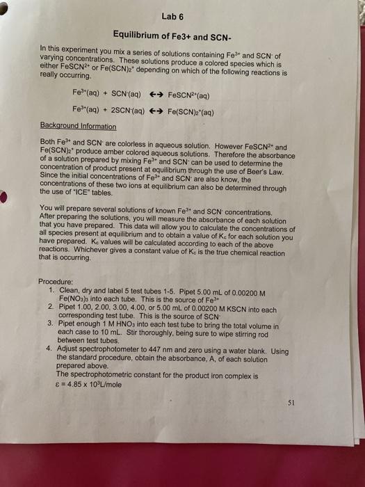 Solved Lab 6 Equilibrium of Fe3+ and SCN- In this experiment | Chegg.com
