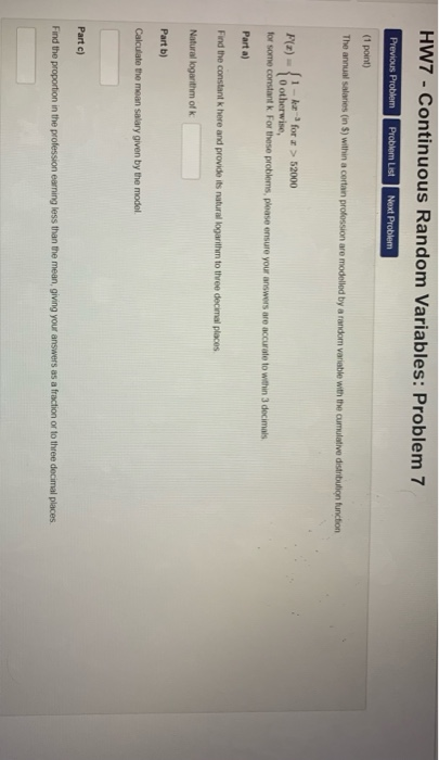 Solved HW7 - Continuous Random Variables: Problem 7 Previous | Chegg.com