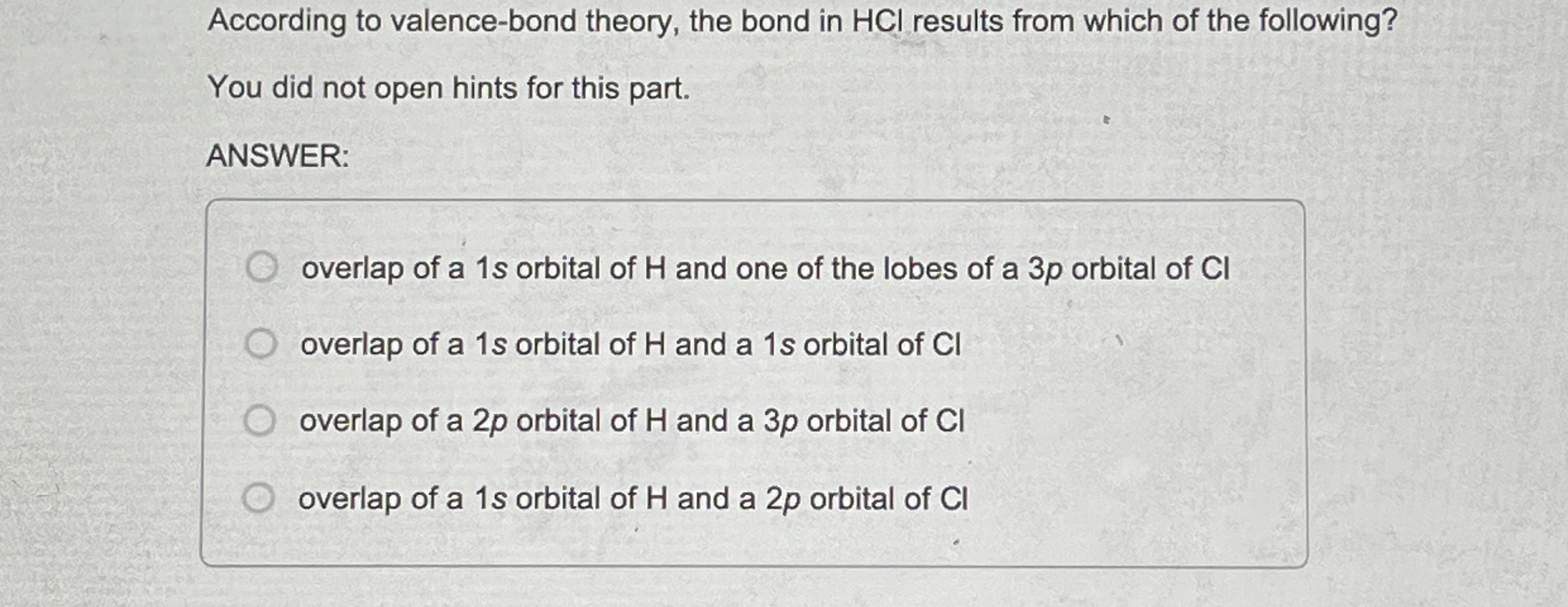 Solved According to valence-bond theory, the bond in HCl | Chegg.com