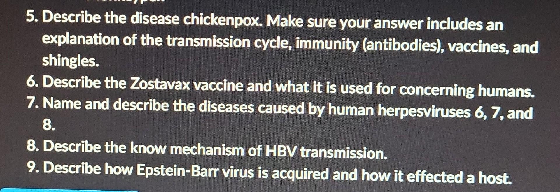 Solved 5. Describe the disease chickenpox. Make sure your | Chegg.com