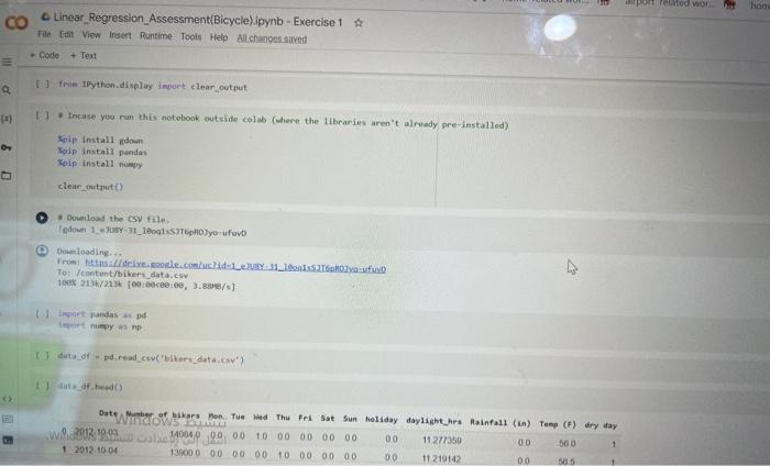 Solved !!! 0 CO Linear_Regression_Assessment(Bicycle).ipynb | Chegg.com
