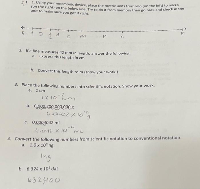 Solved *1. 1. Using your mnemonic device, place the metric | Chegg.com