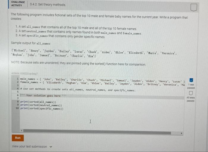 Solved CHALLENGE ACTIVITY 3.4.2: Set theory methods. The | Chegg.com