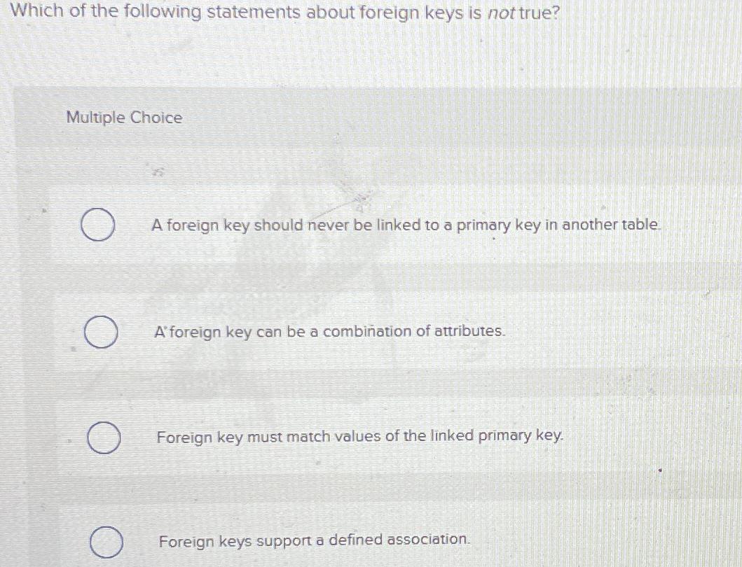 Solved Which of the following statements about foreign keys | Chegg.com