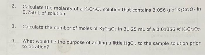 Solved 2. Calculate the molarity of a K2Cr2O7 solution that | Chegg.com