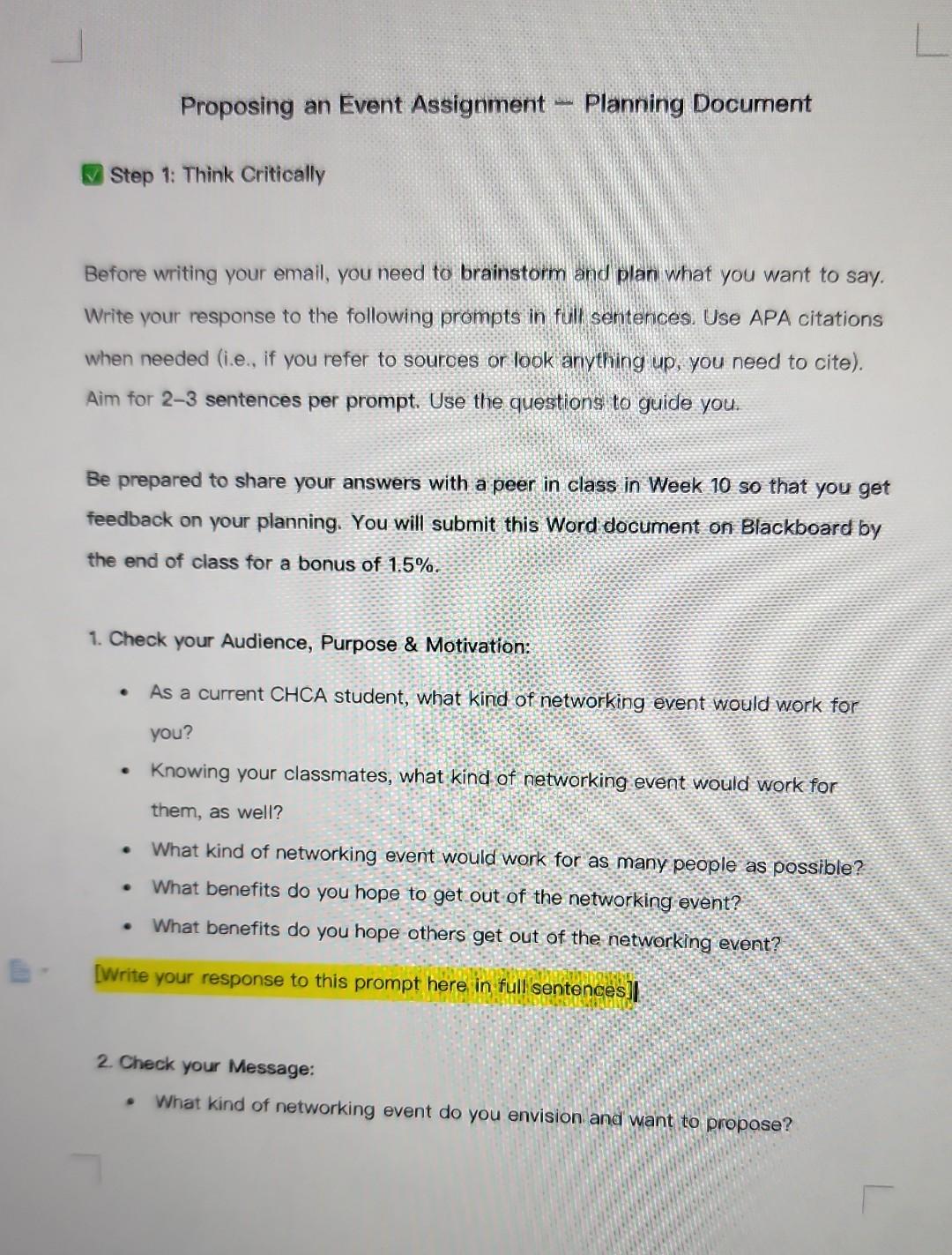 Proposing an Event Assignment - Planning Document | Chegg.com