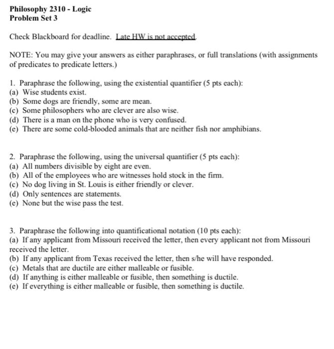Philosophy 2310 - Logic Problem Set 3 Check | Chegg.com