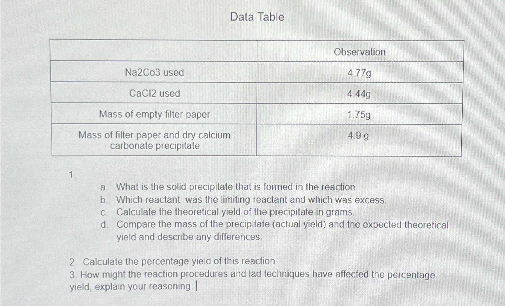 Solved Data Table\table[[,Observation],[Na2Co3 ﻿used,4.77g | Chegg.com