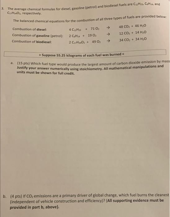 Solved 3. The average chemical formulas for diesel, gasoline | Chegg.com