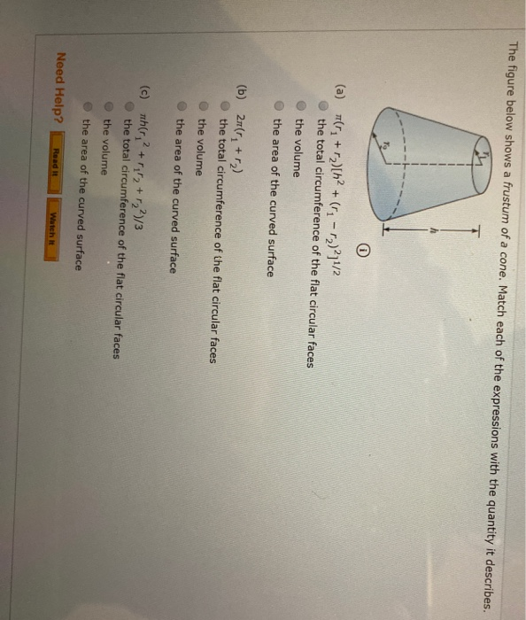 Solved The figure below shows a frustum of a cone. Match | Chegg.com