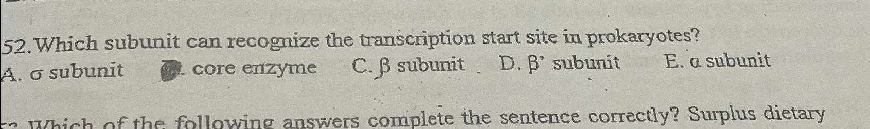 Solved Which subunit can recognize the transcription start | Chegg.com