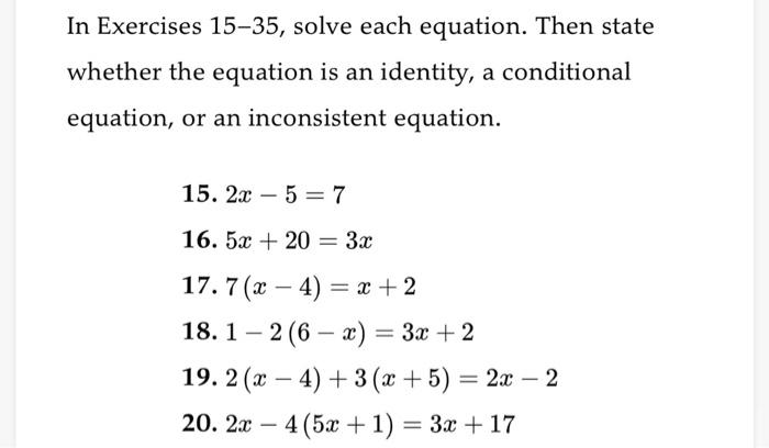 Solved In Exercises 15-35, solve each equation. Then state | Chegg.com