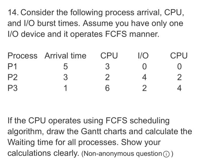 Solved 14. Consider the following process arrival, CPU, and | Chegg.com