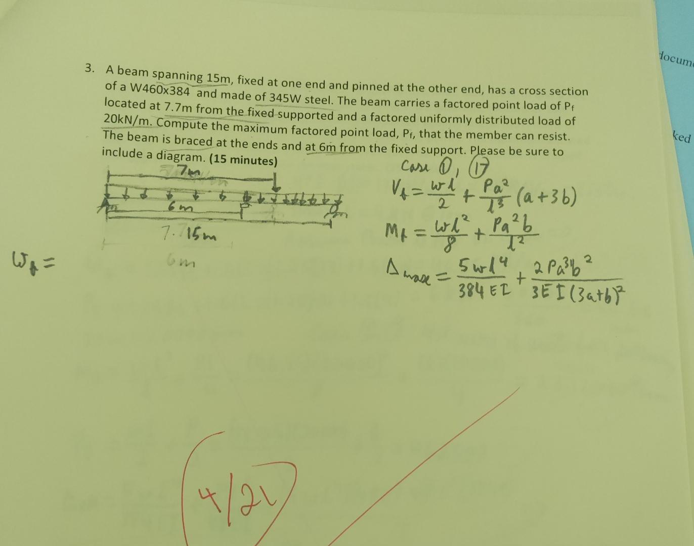 Solved A beam spanning 15m, ﻿fixed at one end and pinned at | Chegg.com