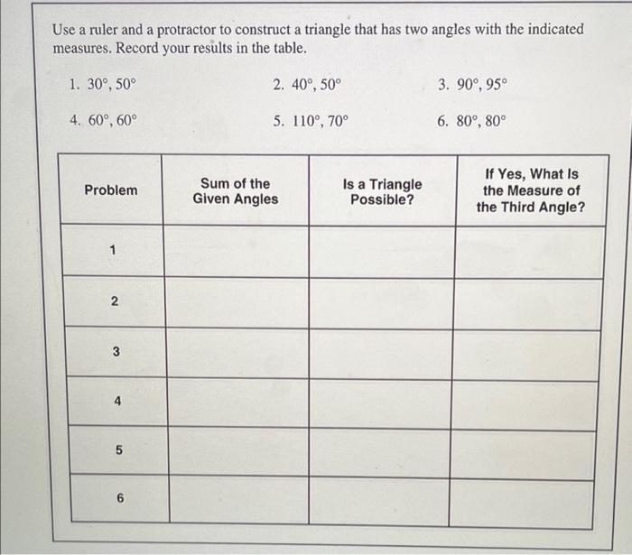 Solved Use a ruler and a protractor to construct a triangle | Chegg.com