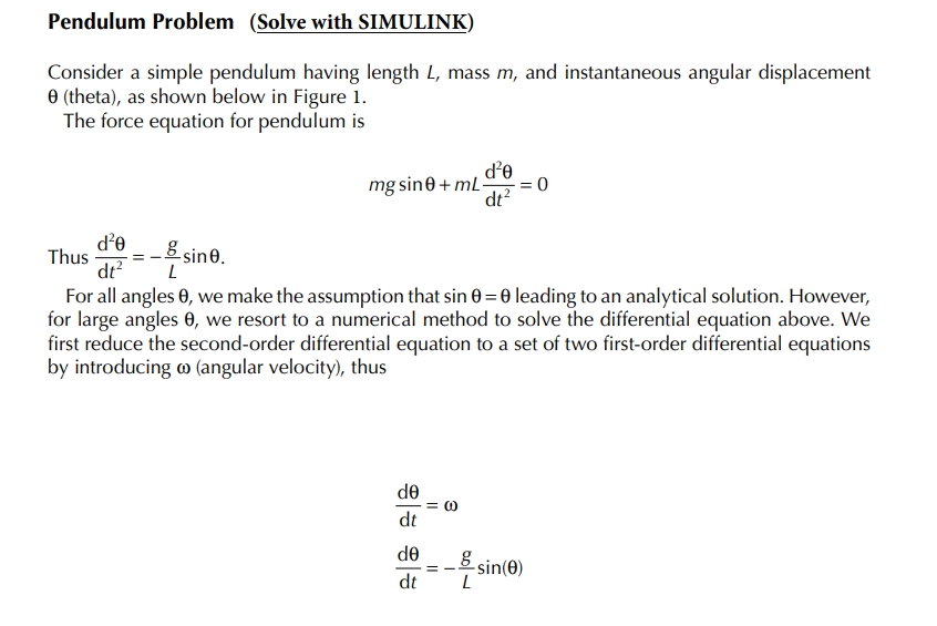 Solved Pendulum Problem (Solve with SIMULINK)Consider a | Chegg.com