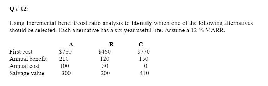 Solved Q # 02: Using Incremental benefit/cost ratio analysis | Chegg.com