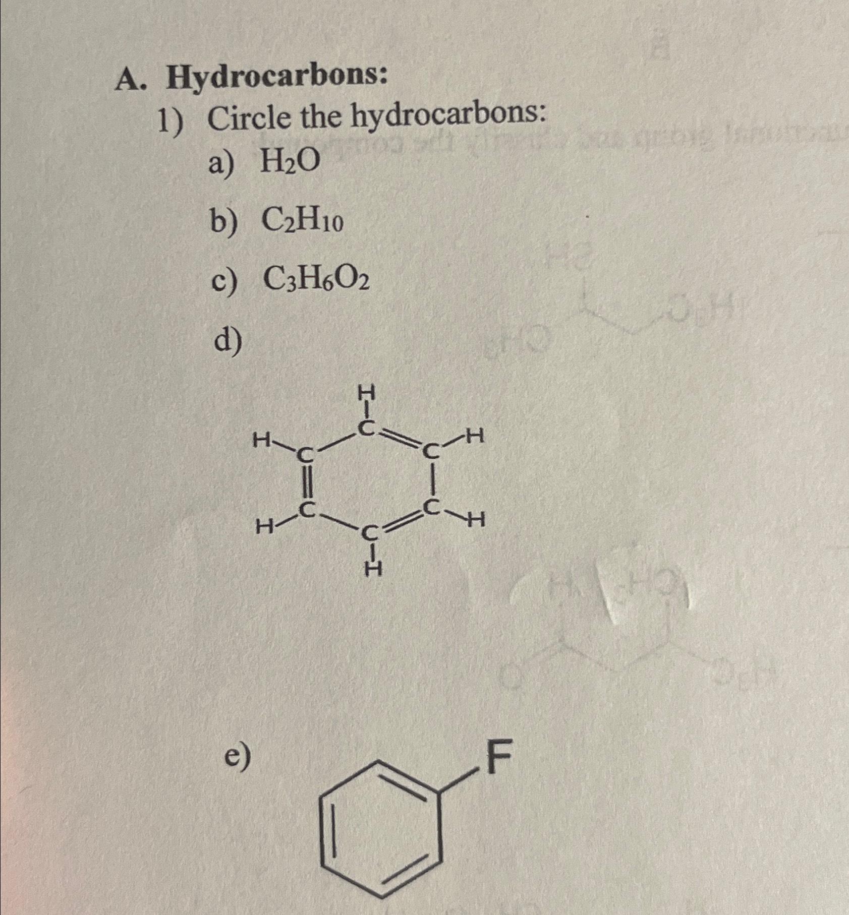 Solved A. ﻿Hydrocarbons:Circle the | Chegg.com