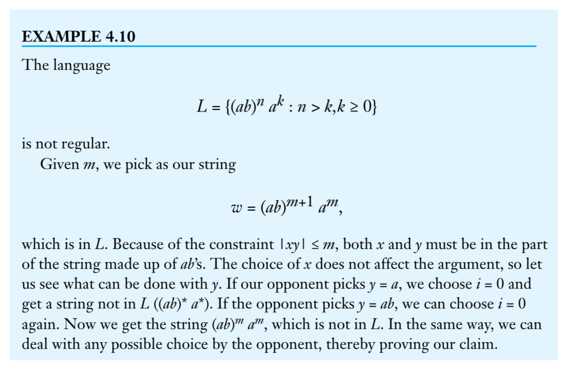Solved EXAMPLE 4.10The languageL={(ab)nak:n>k,k≥0}is not | Chegg.com