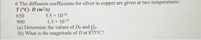Solved 6 The diffusion coefficients for silver in copper are | Chegg.com