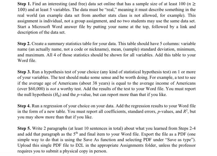Solved Step 1. Find an interesting (and free) data set | Chegg.com