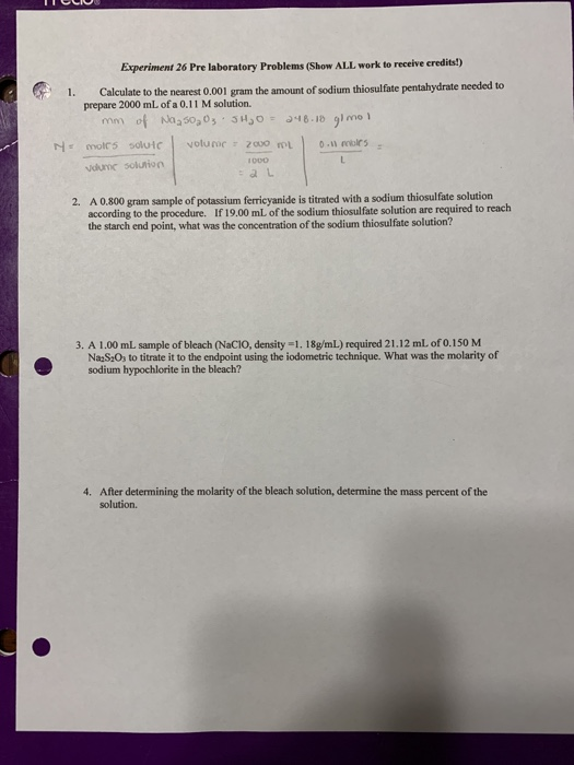 Solved Experiment 26 Pre laboratory Problems (Show ALL work | Chegg.com
