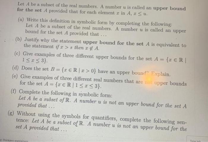 Solved Let A be a subset of the real numbers. A number u is | Chegg.com