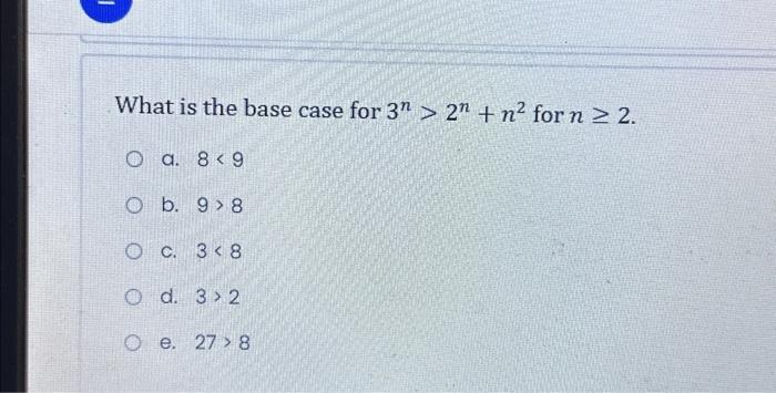 Solved What is the base case for \\( 3^{n}>2^{n}+n^{2} \\) | Chegg.com