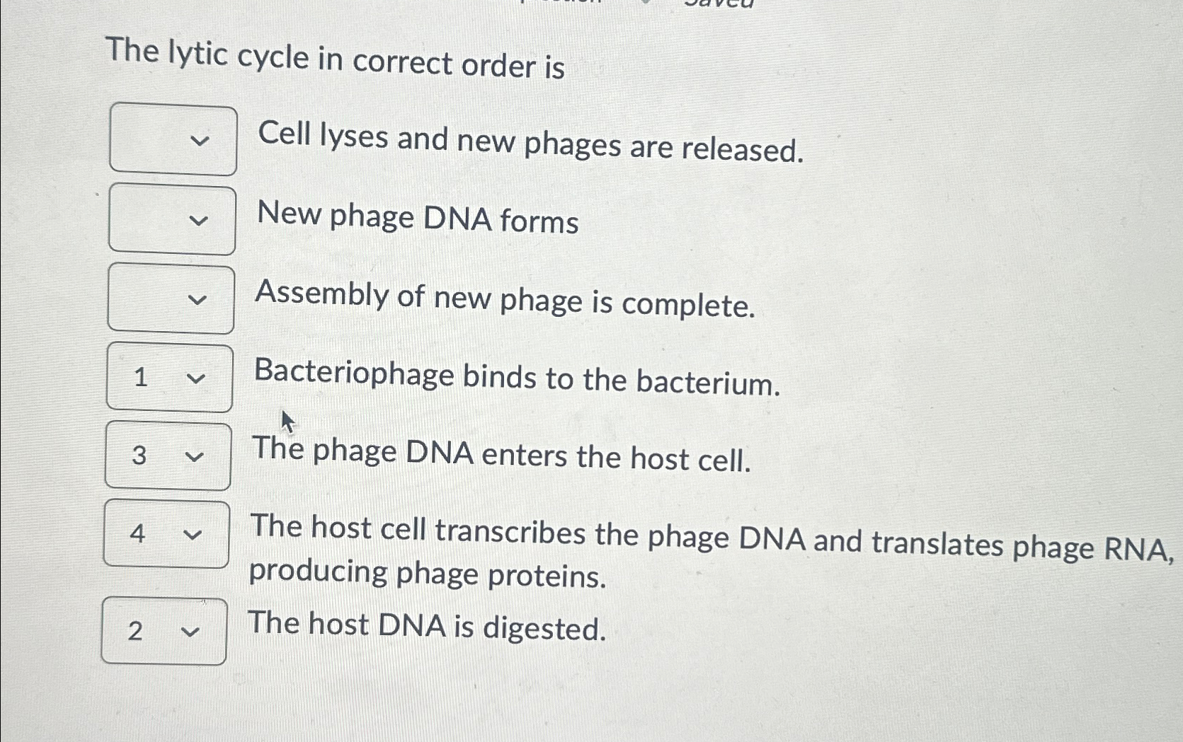 Solved The lytic cycle in correct order isCell lyses and new | Chegg.com
