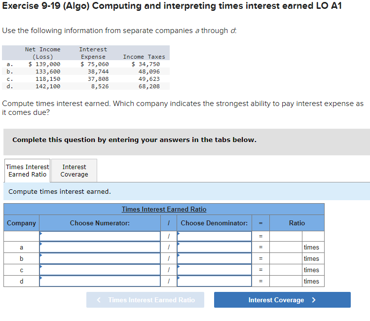 Solved Exercise 9-19 (Algo) ﻿Computing and interpreting | Chegg.com