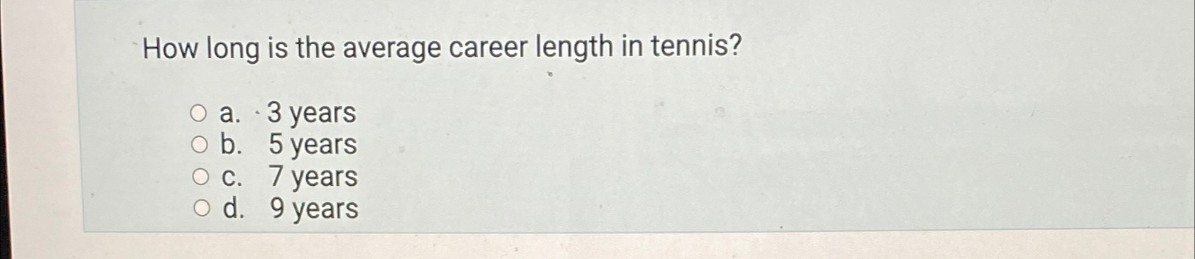 Solved How long is the average career length in tennis?a. 3 | Chegg.com
