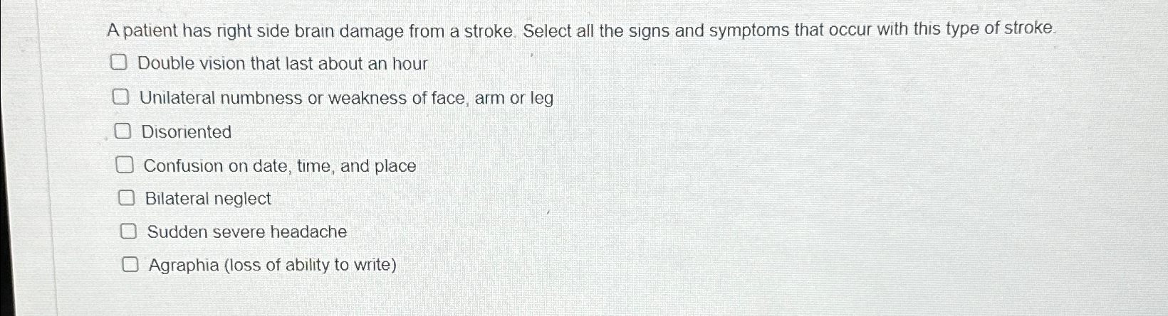 Solved A patient has right side brain damage from a stroke. | Chegg.com