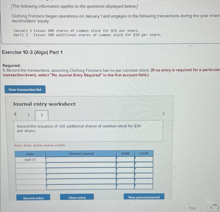 Solved Hequired information Exercise 10-3 (Algo) Record the | Chegg.com