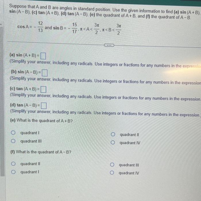 Solved Suppose that A and B are angles in standard position. | Chegg.com