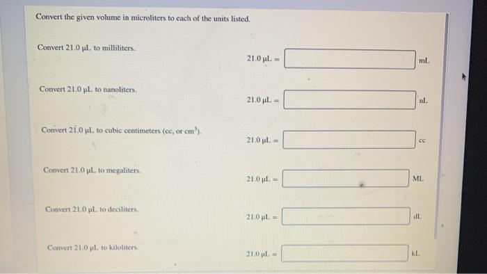 Solved Convert the given volume in microliters to each of | Chegg.com