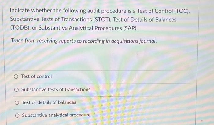 Solved Indicate whether the following audit procedure is a | Chegg.com