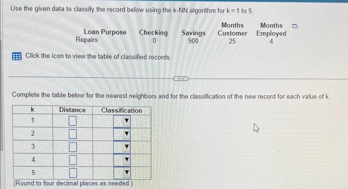 Solved Use the given data to classify the record below using | Chegg.com