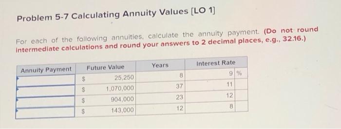 Solved Problem 5-7 Calculating Annuity Values (LO 1] For | Chegg.com